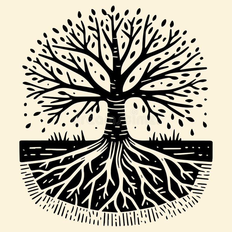 Simple Hand Drawn Tree with Roots Flat Vector Illustration Linocut ...