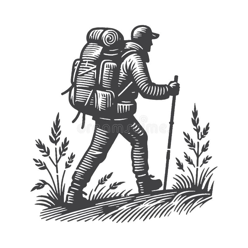 Simple Hiker Walking with Backpack Vintage Logo Vector Design. Stock ...