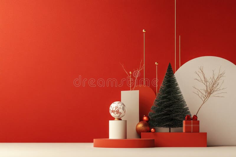 Simple Holiday Setup with Christmas Decorations and a Modern, Red ...