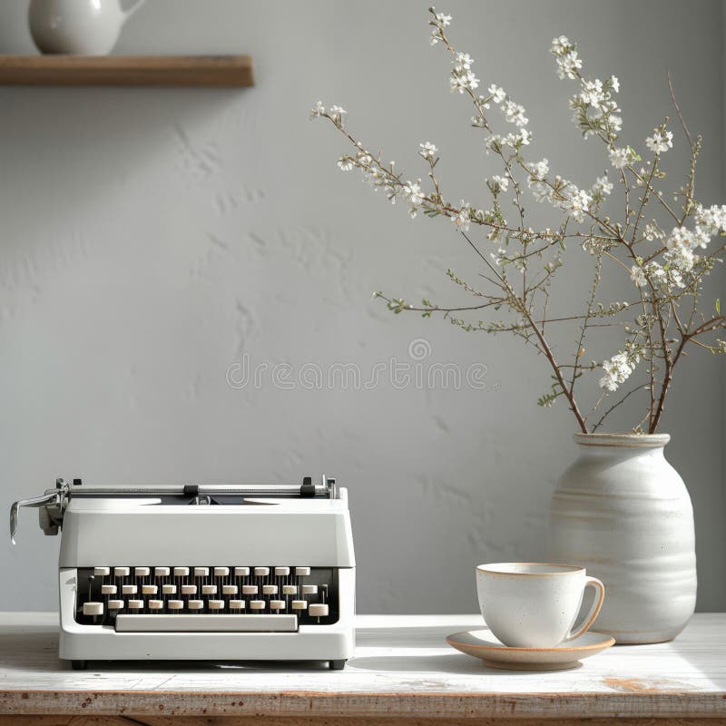 Simple Home Office, View of and Old Fashioned Typewriter on a White ...