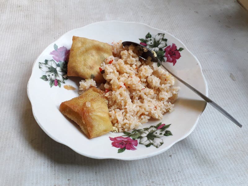 Simple Homemade Fried Rice and Fritters on a Floral Patterned Plate ...