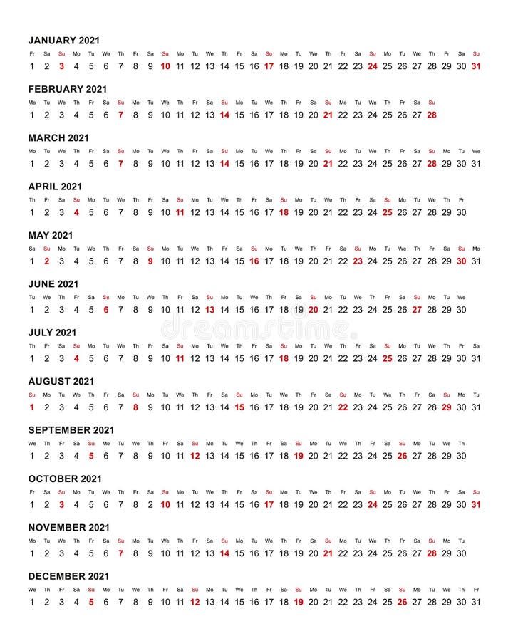 Simple Horizontal Calendar Template Year 2021 Stock Vector ...