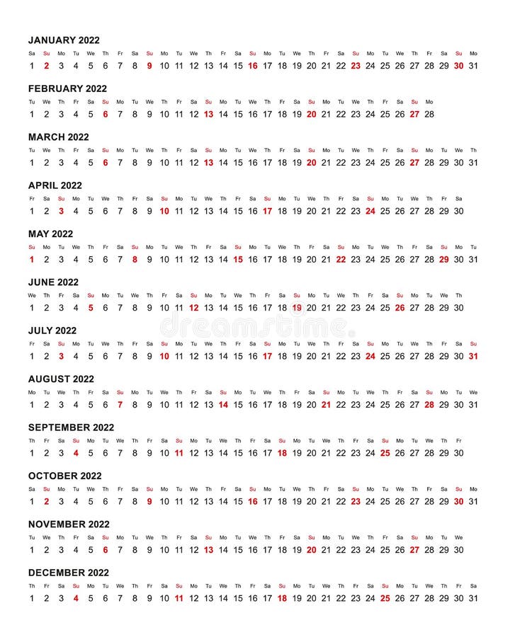 Simple Horizontal Calendar Template Year 2022 Stock Vector ...