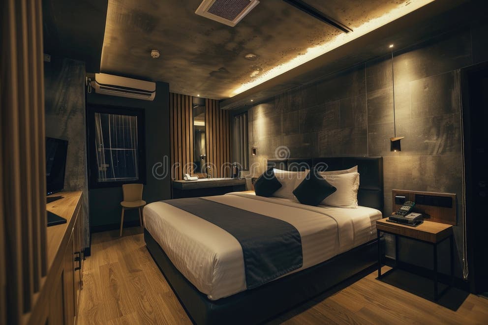 A Simple Hotel Room with a Single Bed and a Desk Stock Image - Image of ...