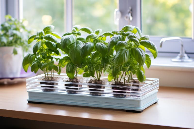 Simple Hydroponic Garden on Windowsill Featuring Neat Rows of Plants ...