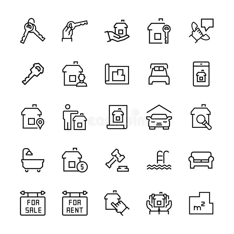Simple Icon Set of Real Estate Items in Thin Line Style. Vector Symbols ...