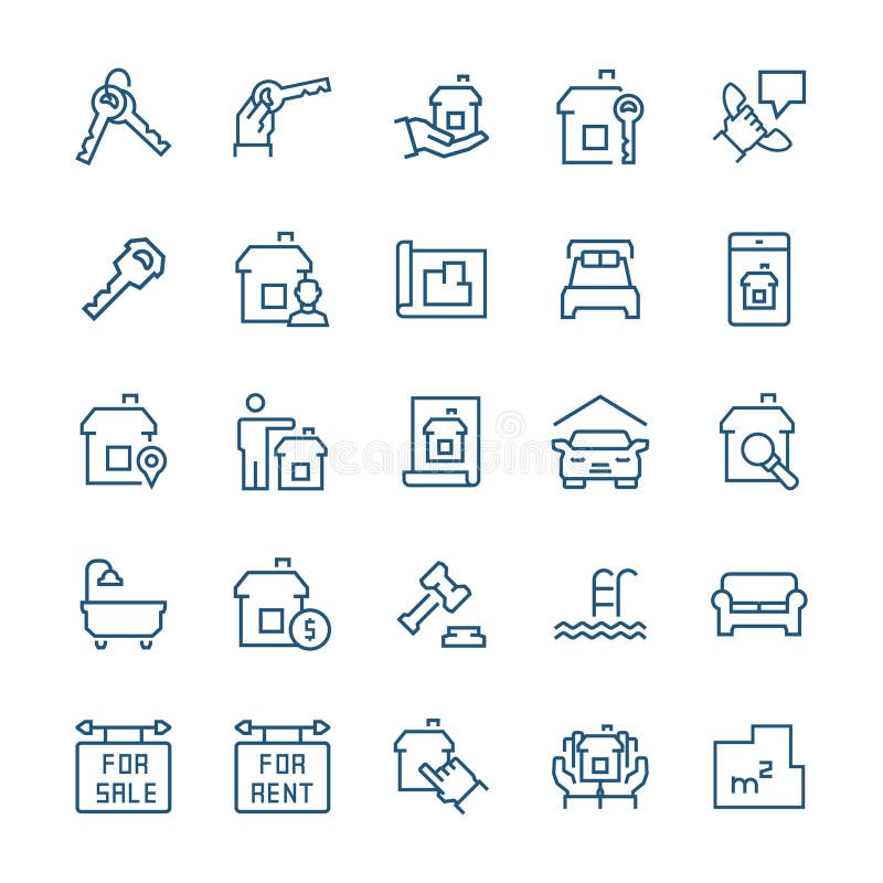 Simple Icon Set of Real Estate Items in Thin Line Style. Vector Symbols ...