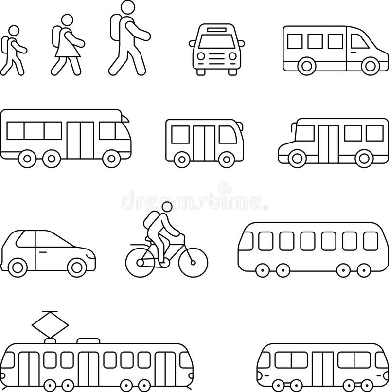 Simple Icons on the Theme of Commuting To Work or School, Drawn in Line ...