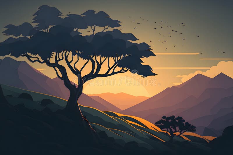 Simple Illustration of Alone Tree in the Mountains on the Sunset Stock ...
