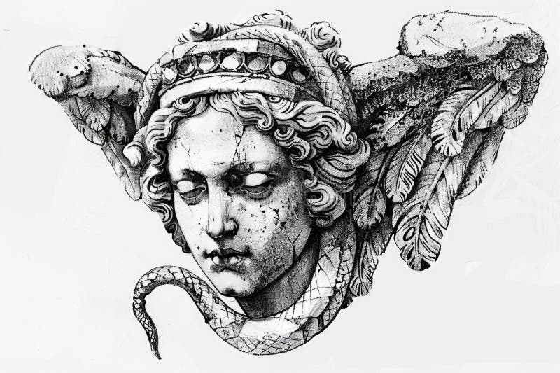 A Simple Illustration of an Angel Holding a Snake, in Black and White ...