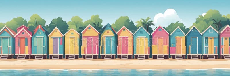 Simple Illustration Background of a Row of Colorful Beach Huts on the ...