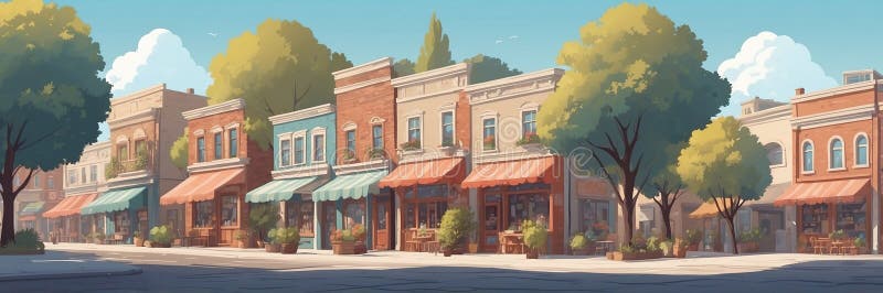 Simple Illustration Background of a Small Town Square with Shops and ...