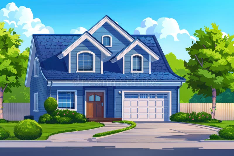 A Simple Illustration of a Blue House with a Driveway Stock Photo ...