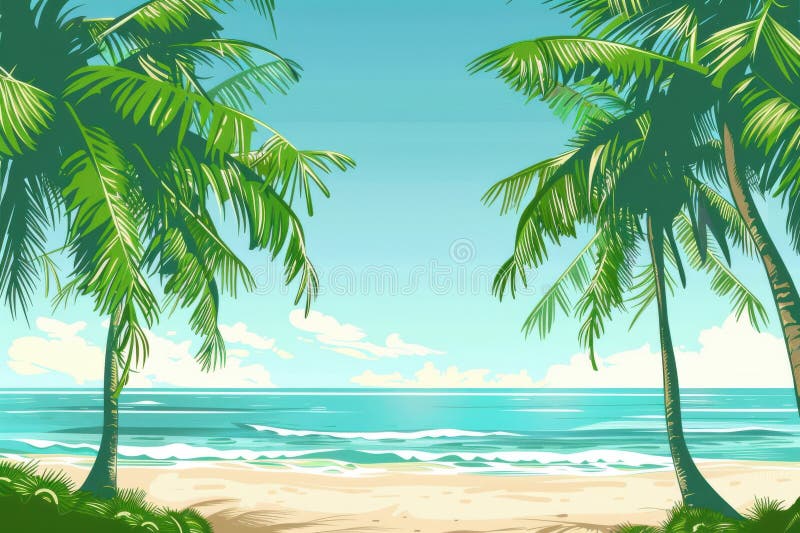 Simple Illustration of a Serene Beach with Palm Trees and Sea Mountain ...