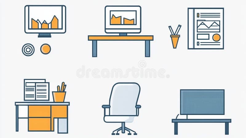 Simple Illustrations of Office Workspace Items Including Computers ...