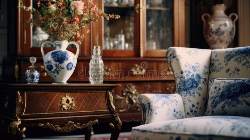 A Simple Image of a Blue and White Chair Next To a Table with a Vase ...