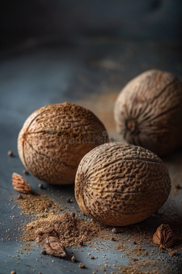 A Simple Image of Three Nuts on a Table with Scattered Nutmeal Pieces ...
