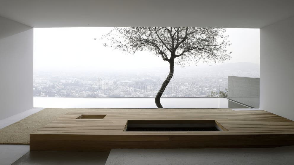 A Simple Interior Design with a Tree and a Wide-angle View Stock Photo ...