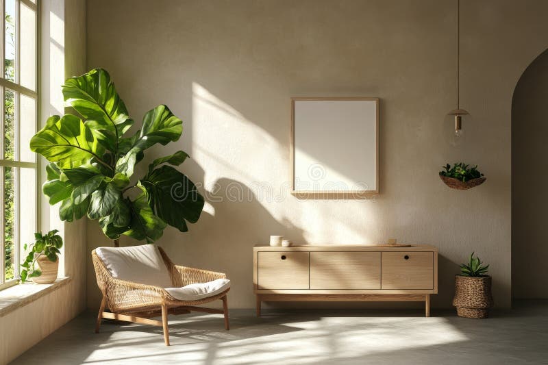 A Simple Interior Scene with an Empty Frame and Two Potted Plants on a ...