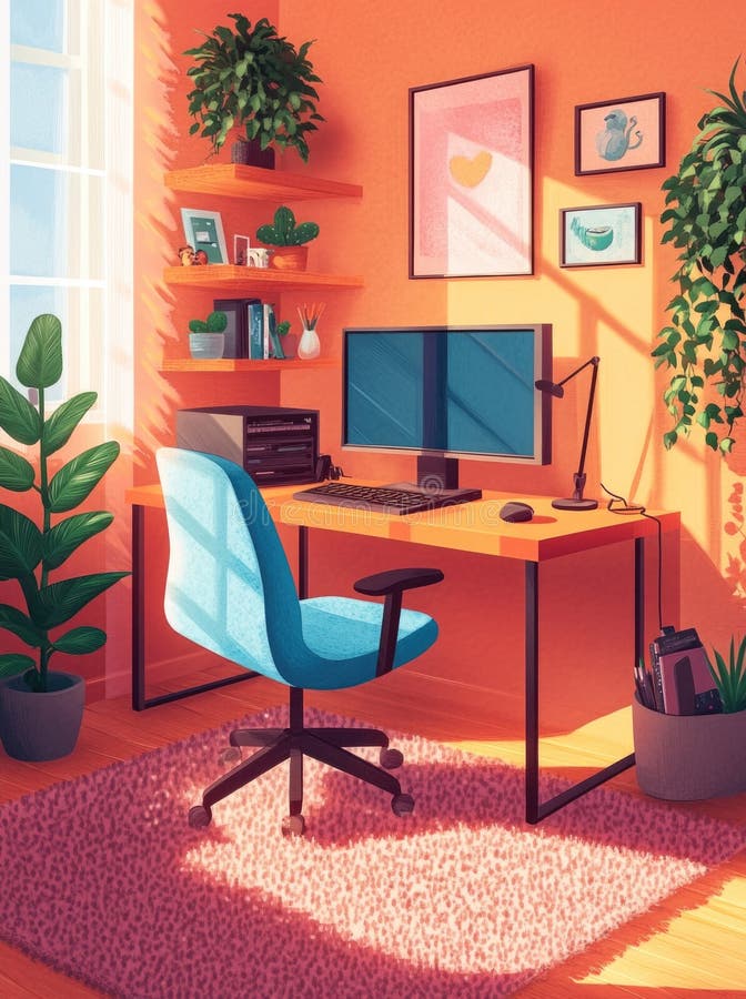 Simple Isometric Interior Design Scene of an Office Desk with a ...