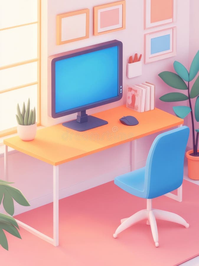 Simple Isometric Interior Design Scene of an Office Desk with a ...