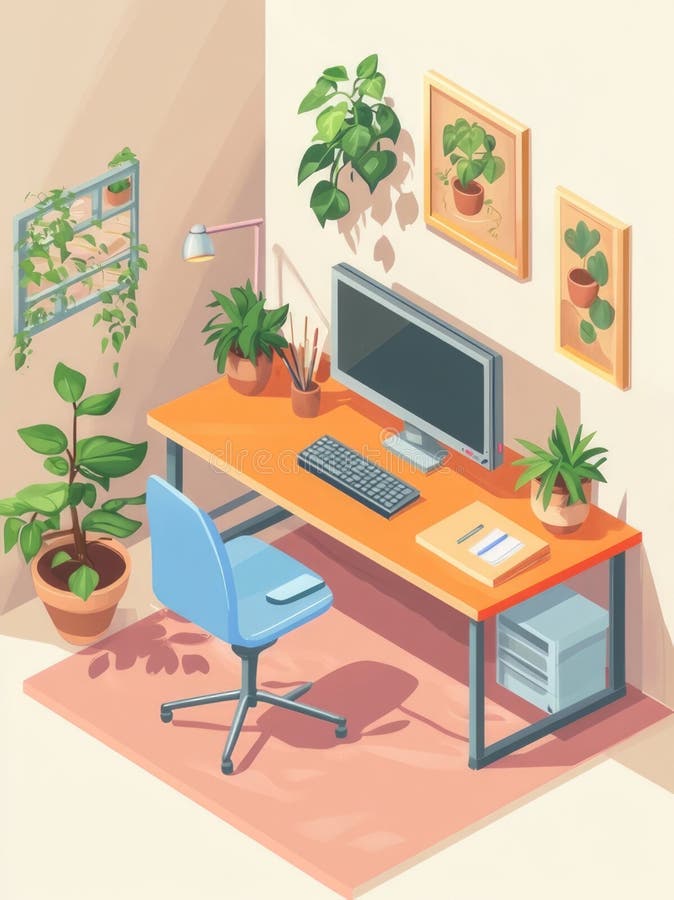 Simple Isometric Interior Design Scene of an Office Desk with a ...