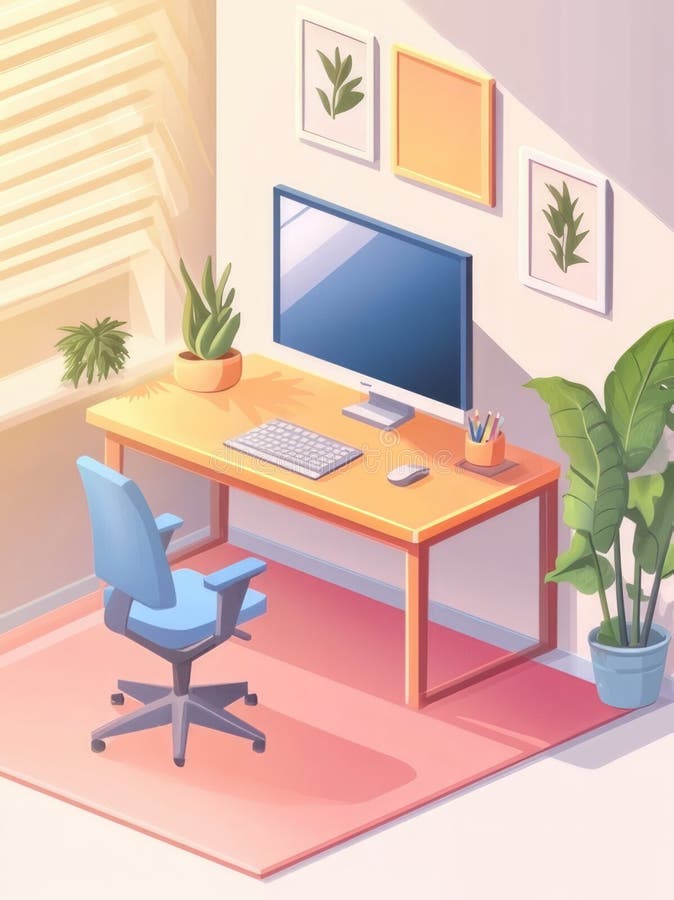 Simple Isometric Interior Design Scene of an Office Desk with a ...
