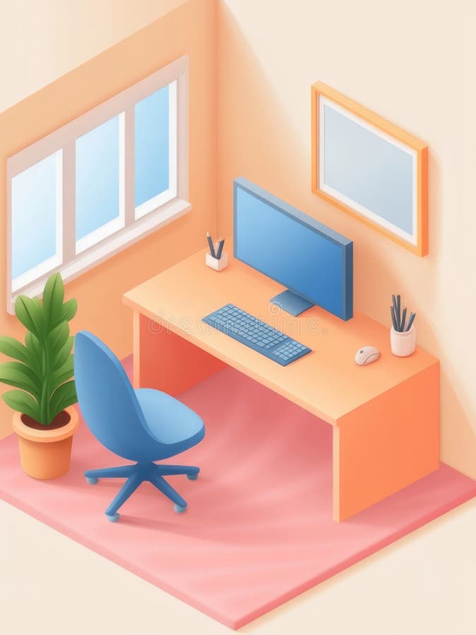 Simple Isometric Interior Design Scene of an Office Desk with a ...