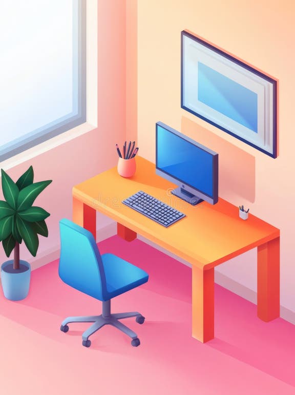 Simple Isometric Interior Design Scene of an Office Desk with a ...