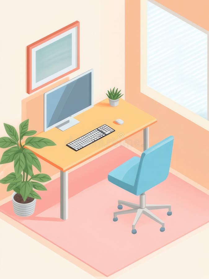 Simple Isometric Interior Design Scene of an Office Desk with a ...