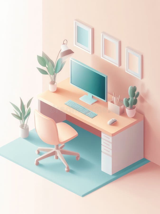Simple Isometric Interior Design Scene of an Office Desk with a ...