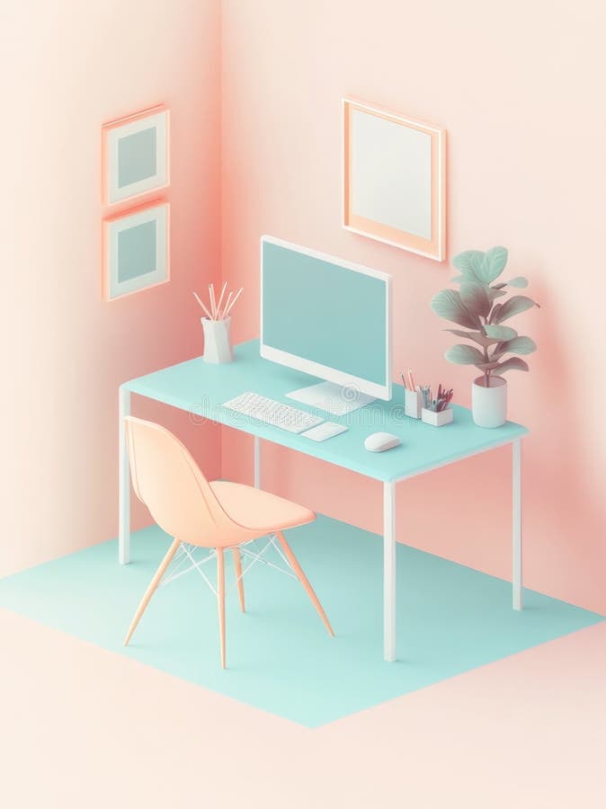 Simple Isometric Interior Design Scene of an Office Desk with a ...