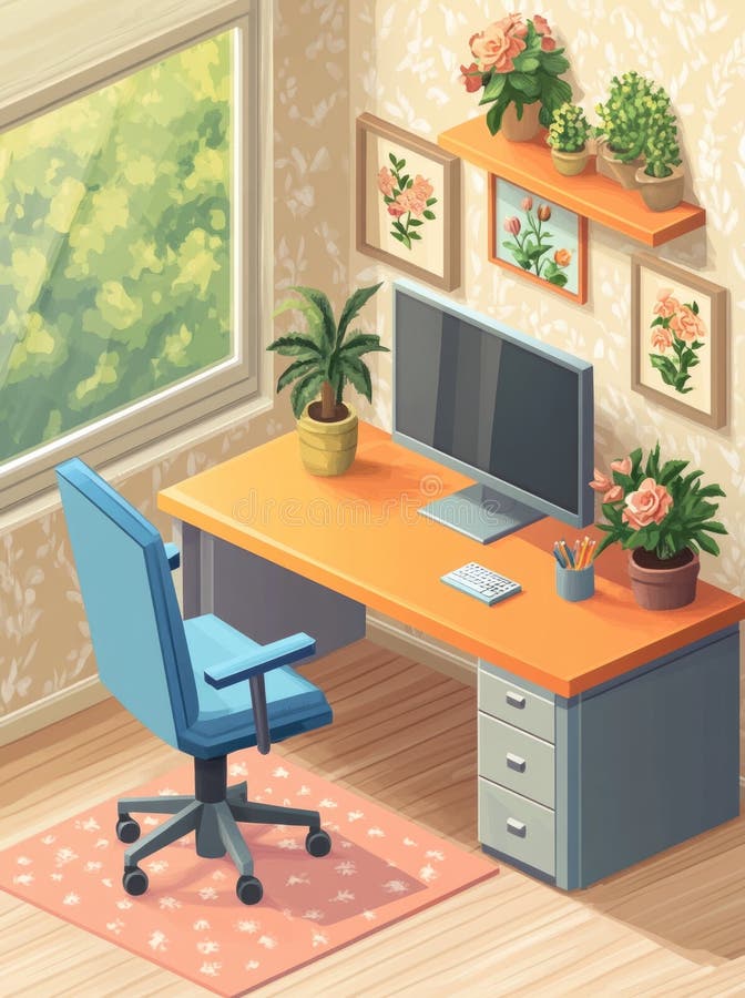 Simple Isometric Interior Design Scene of an Office Desk with a ...