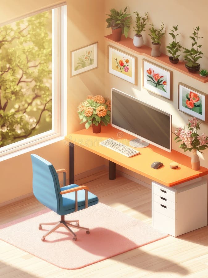 Simple Isometric Interior Design Scene of an Office Desk with a ...