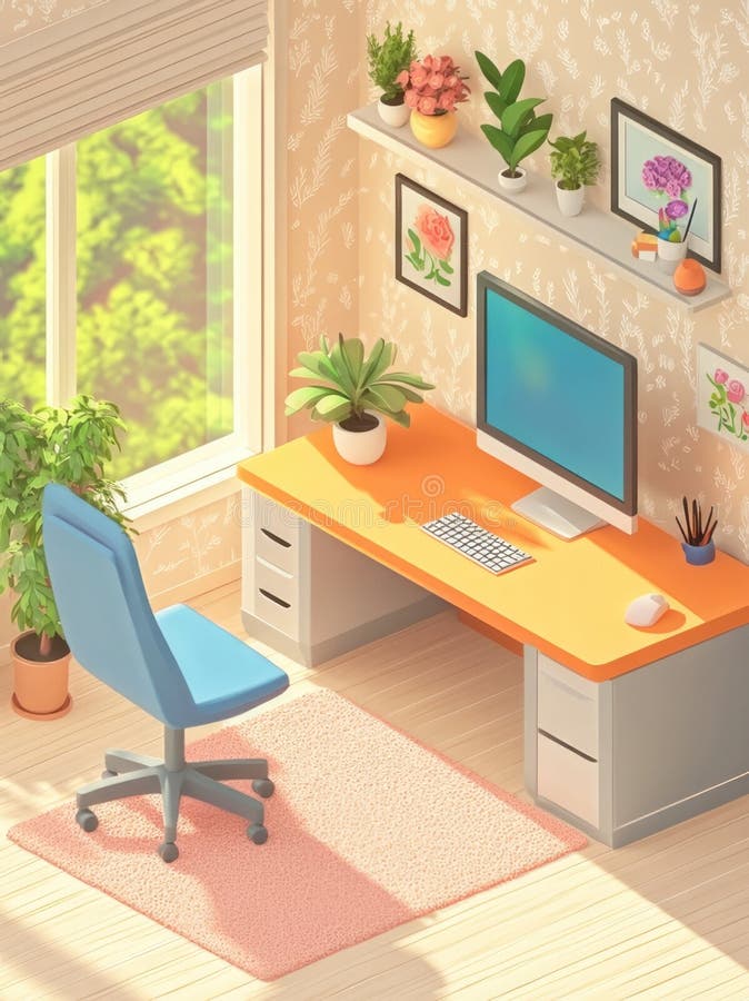 Simple Isometric Interior Design Scene of an Office Desk with a ...
