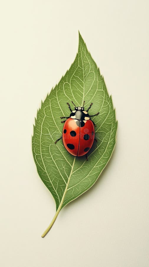 A Simple Ladybug Illustration on a Single Green Leaf with a White Stock ...