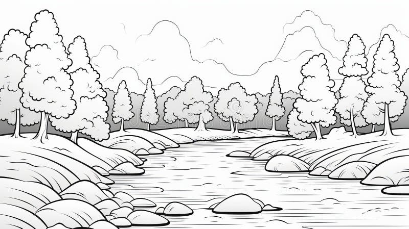 Simple Landscape Coloring Page with Tree, Forest, Rocks, and River ...