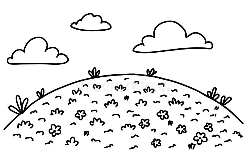 Simple Landscape Drawing with Clouds, Hill, and Flowers in Minimalistic ...