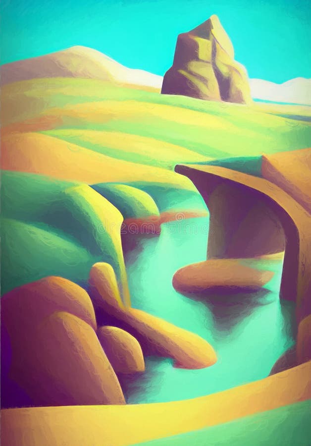 Simple Landscape with River - Abstract Digital Art Stock Illustration ...