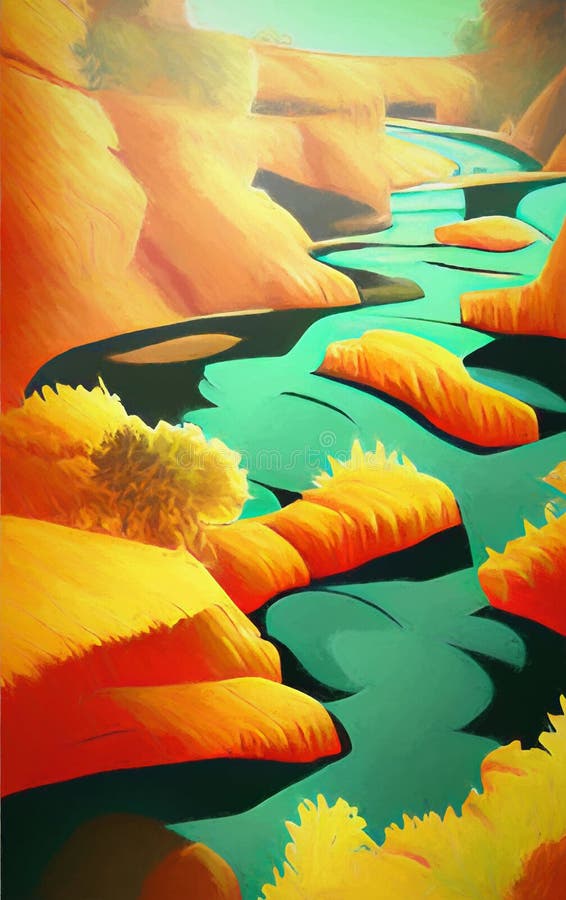 Simple Landscape with River - Abstract Digital Art Stock Illustration ...