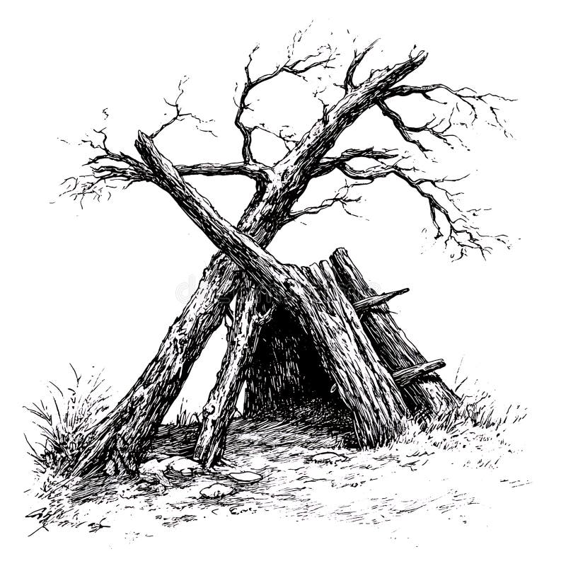 Simple Lean-to Shelter Made of Wood Stock Illustration - Illustration ...