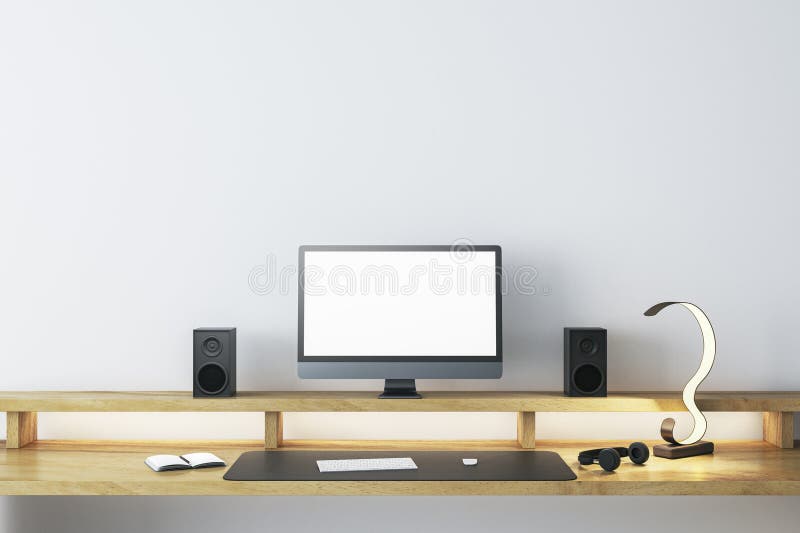 Simple Wooden Designer Workplace with Empty Mock Up Computer Screen ...