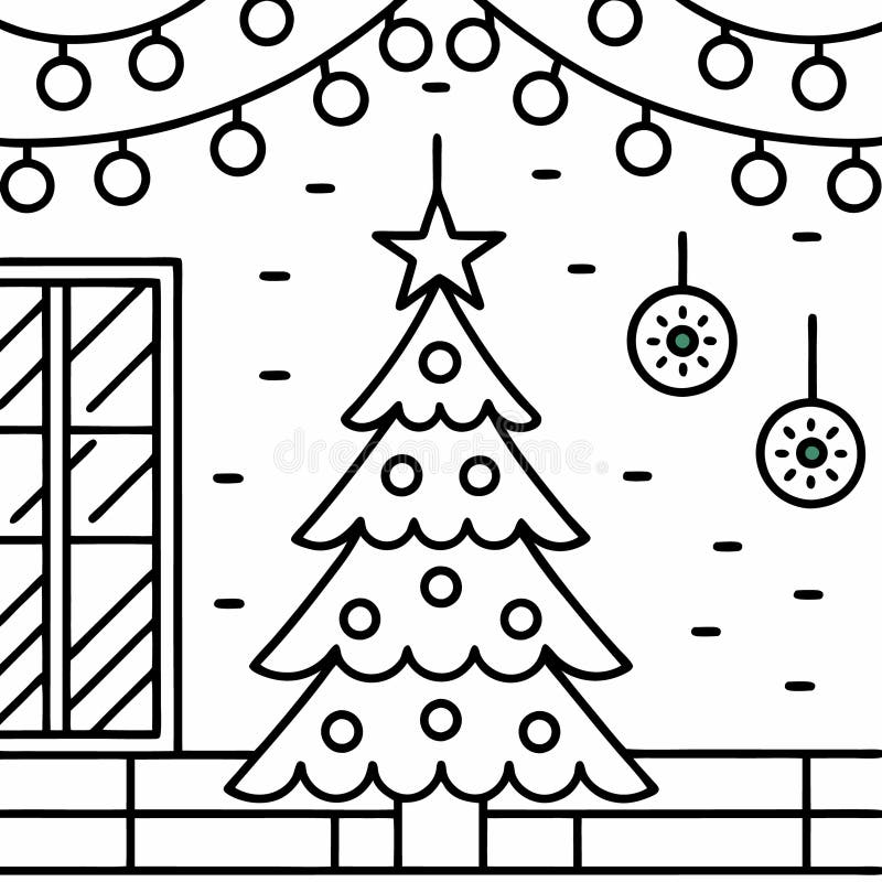 Simple Line Art Christmas Tree Scene Stock Vector - Illustration of ...