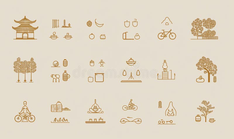 Simple Line Art Icons of Various Activities and Places Stock ...