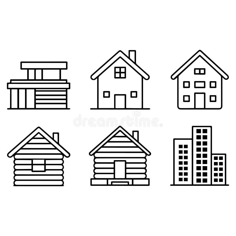 Simple Line Art Illustrations of Different Types of Homes Stock ...