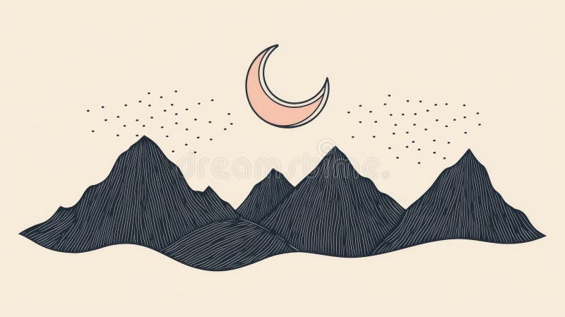 Simple Line Art of Mountains and Crescent Moon Stock Photo - Image of ...