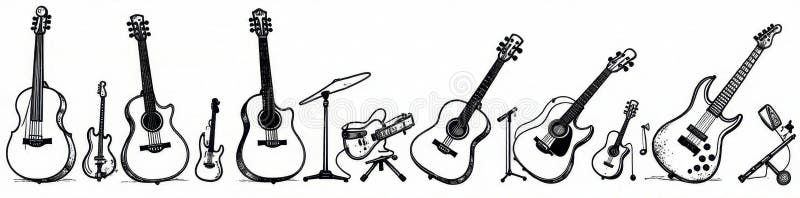 Simple Line Art Musical Instruments, Black and White, Line Art, Design ...