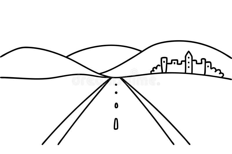 Simple Line Art of a Road through Rolling Hills with Distant Castle, AI ...