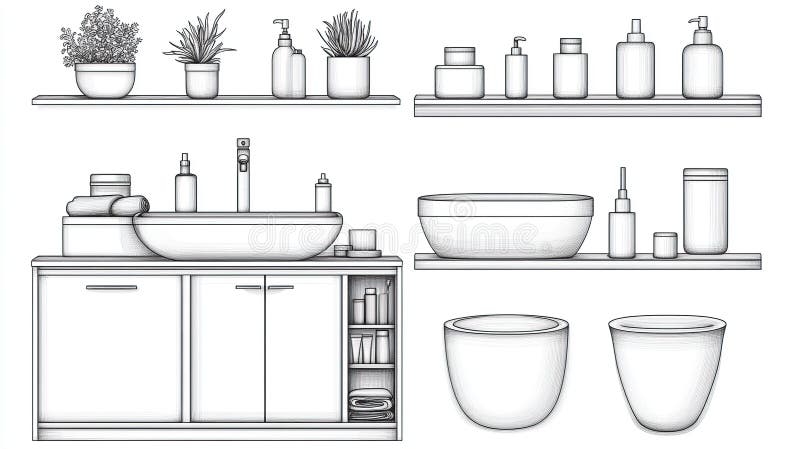 A Simple Line Drawing of a Bathroom Interior with a Sink, Bathtub ...