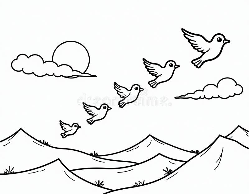 Simple Line Drawing of Birds Flying Over Desert Landscape Stock ...